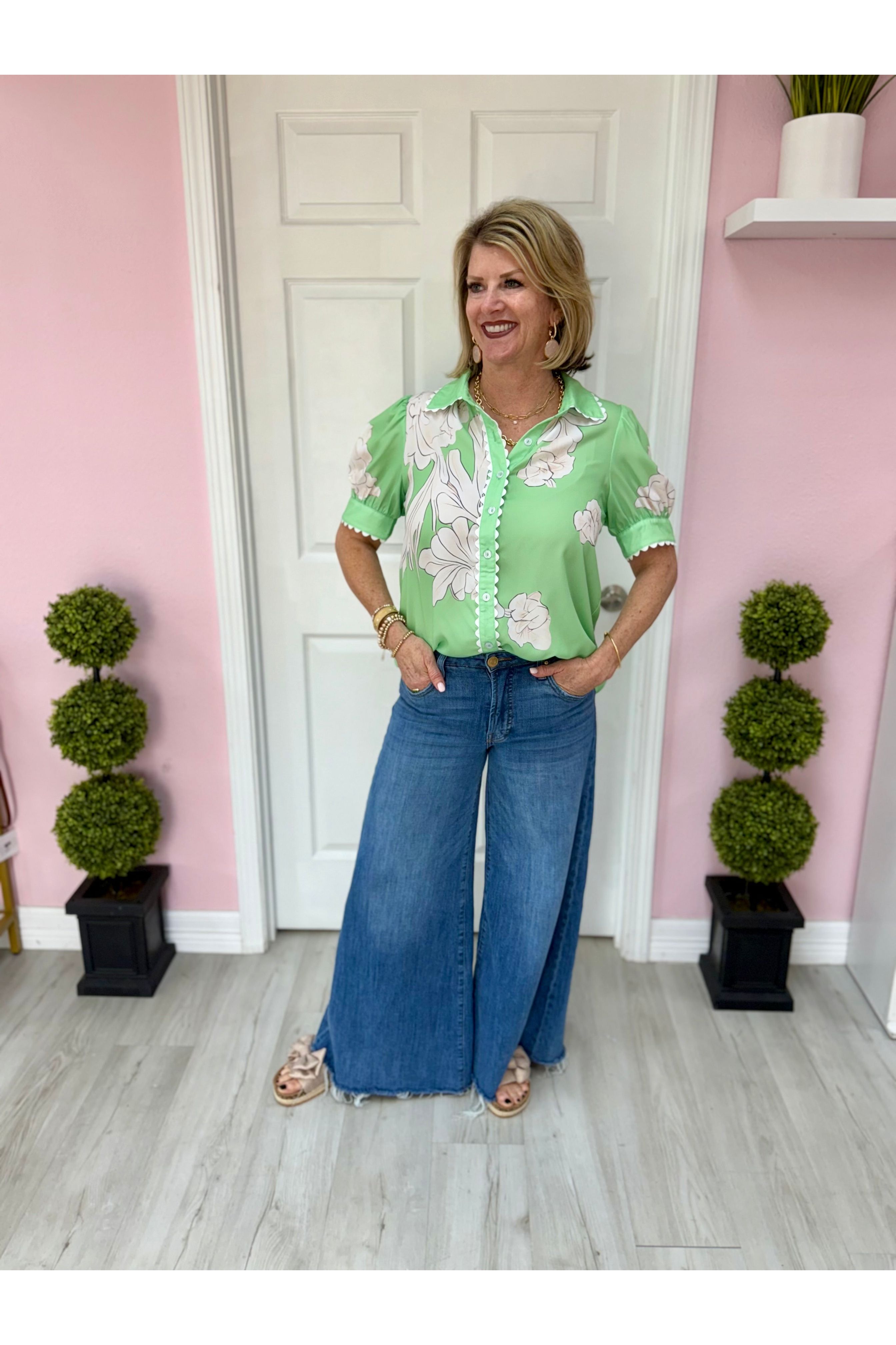 Ric Rac Trim Green Floral Blouse – Pink Chandelier Boutique