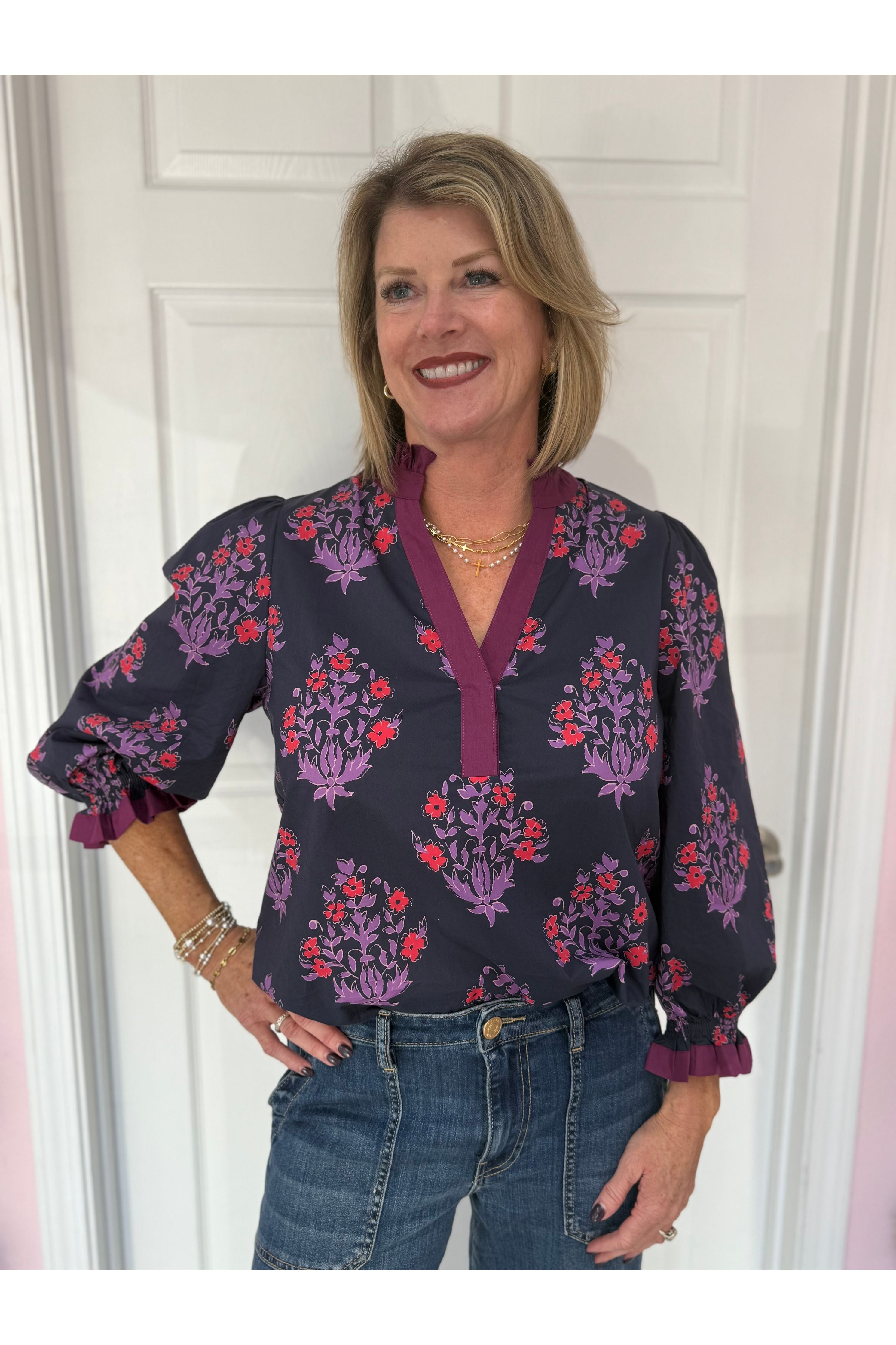 Lynn Navy Fall Floral Blouse – Pink Chandelier Boutique